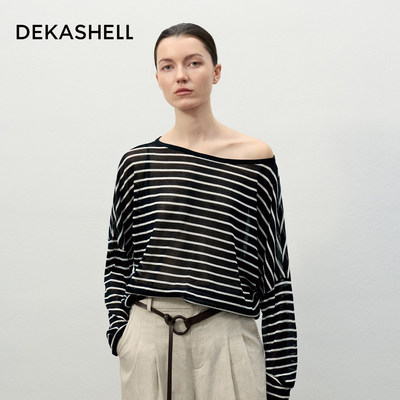 Dekashell/迪卡轩慵懒风条纹针织衫女长袖宽松上衣软糯舒适