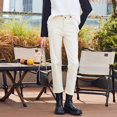 Dekashell/迪卡轩2025冬季新款米白色牛仔裤女高腰显瘦薄绒直筒裤