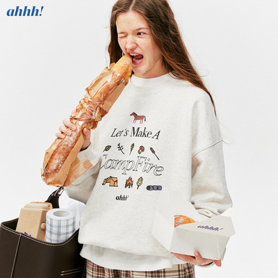 Ahhh 经典圆领纯棉氛围感手绘印花小马宽松长袖无帽卫衣上衣