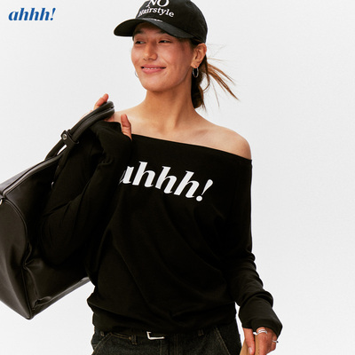 Ahhh 经典百搭简约一字肩露肩logo宽松显瘦慵懒长袖T恤上衣