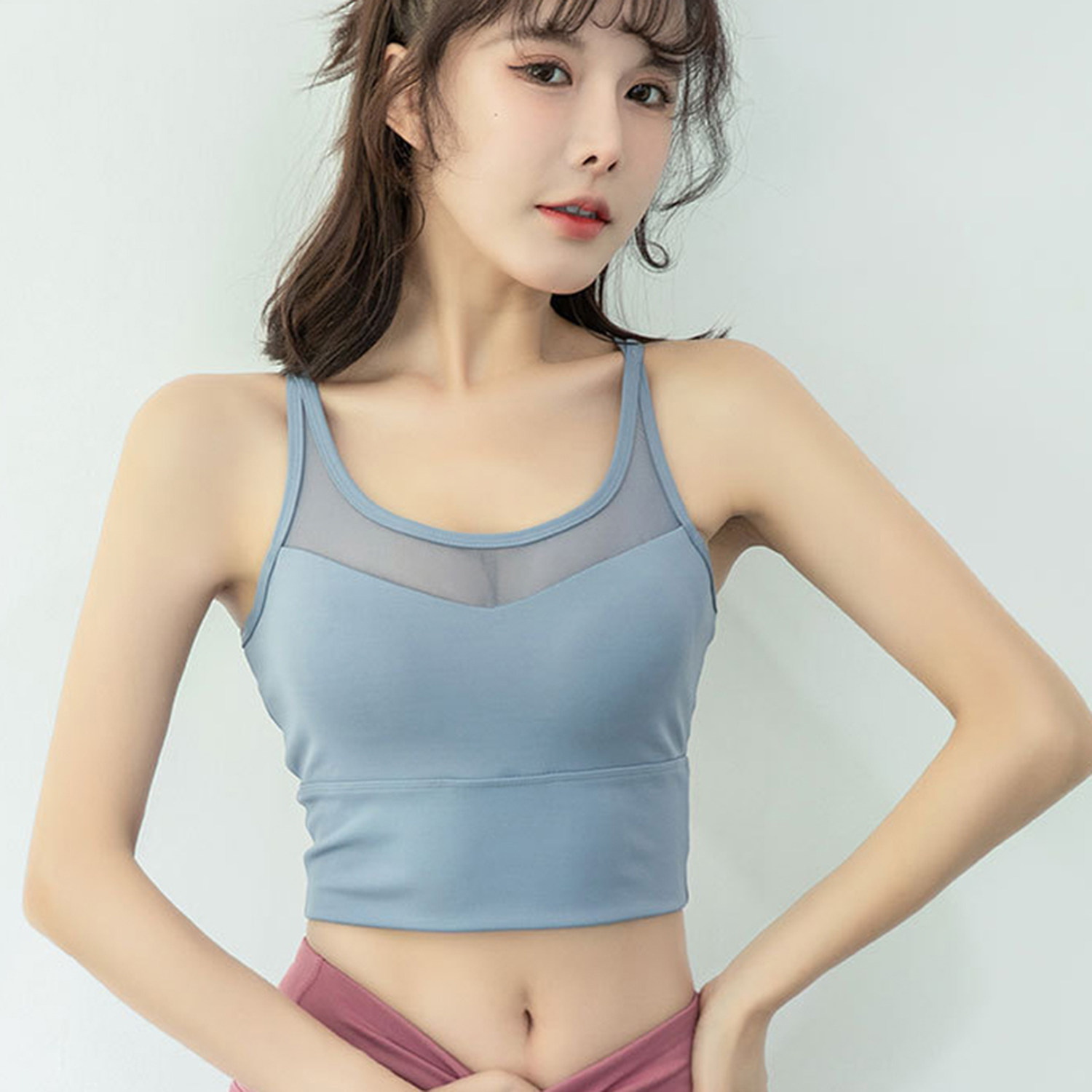 网纱拼接细肩带运动文胸女透气防震吸湿排汗瑜伽健身跑步聚拢内衣
