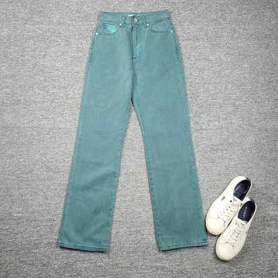 4486鱼 突尼斯产 水洗窄版阔腿牛仔裤  复古做旧湖泊绿单宁长裤