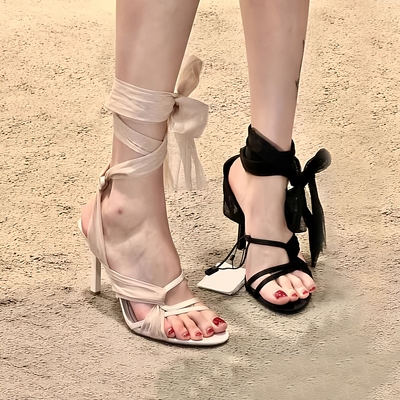 细跟交叉绑带高跟露趾薄纱凉鞋