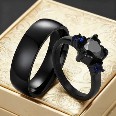 Gothic Black Zircon Couple Rings Stainless Steel Band With