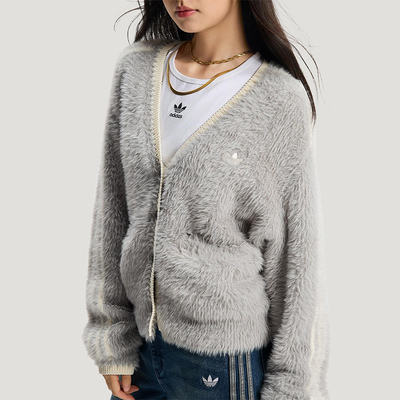 Adidas/阿迪达斯正品三叶草女士针织新年款慵懒风毛绒外套KT3170