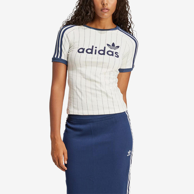 Adidas/阿迪达斯正品三叶草男米白色条纹线性经典徽标短袖JC7705