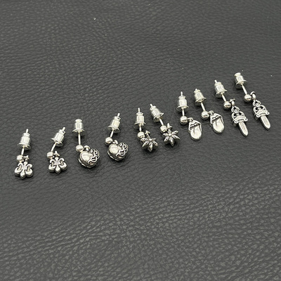 s925纯银高级感复古童军花耳钉男女桃心宝剑耳环经典款大舌头耳饰