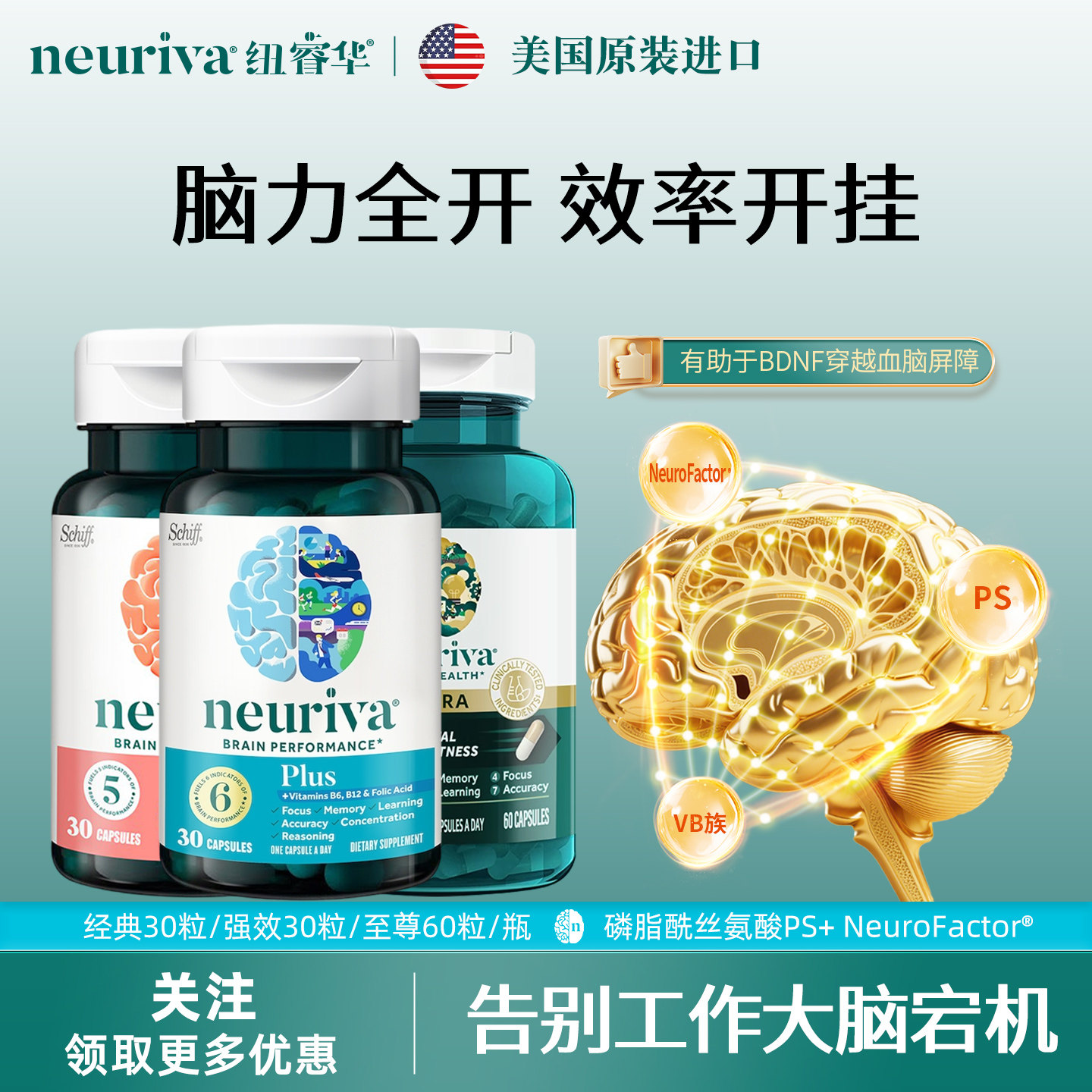 【品牌新享】neuriva脑动力辅助成人记忆力专注力磷脂酰丝氨酸ps
