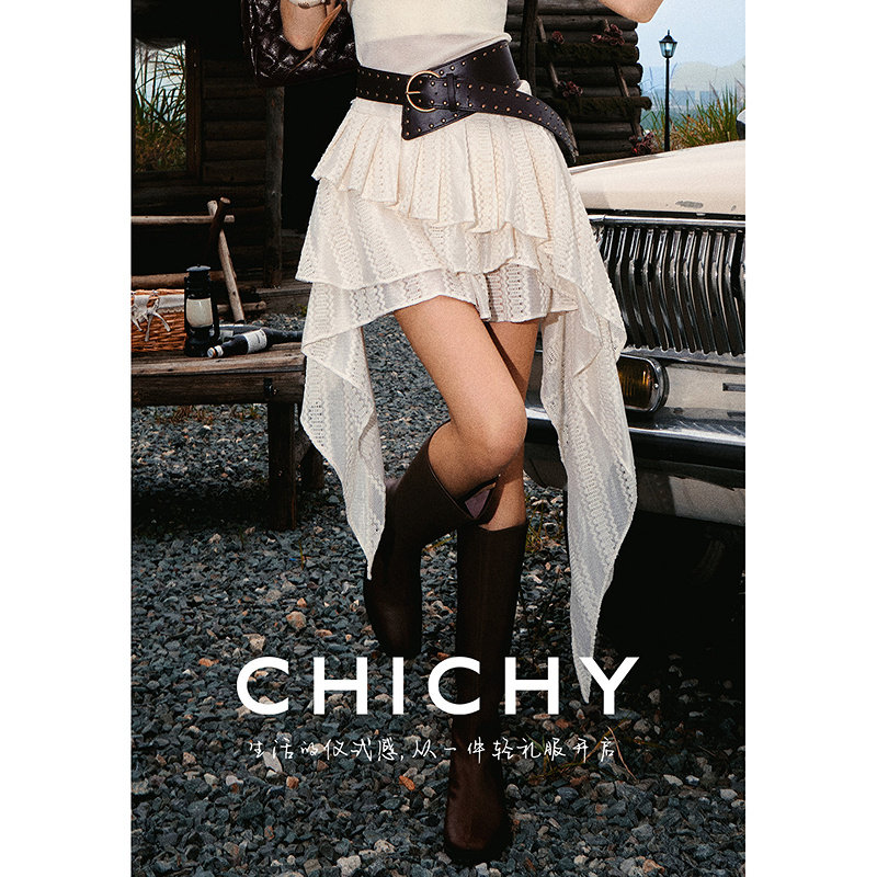 【波嬉风】CHICHY不规则设计感蕾丝半身裙女秋季新款a字蛋糕短裙