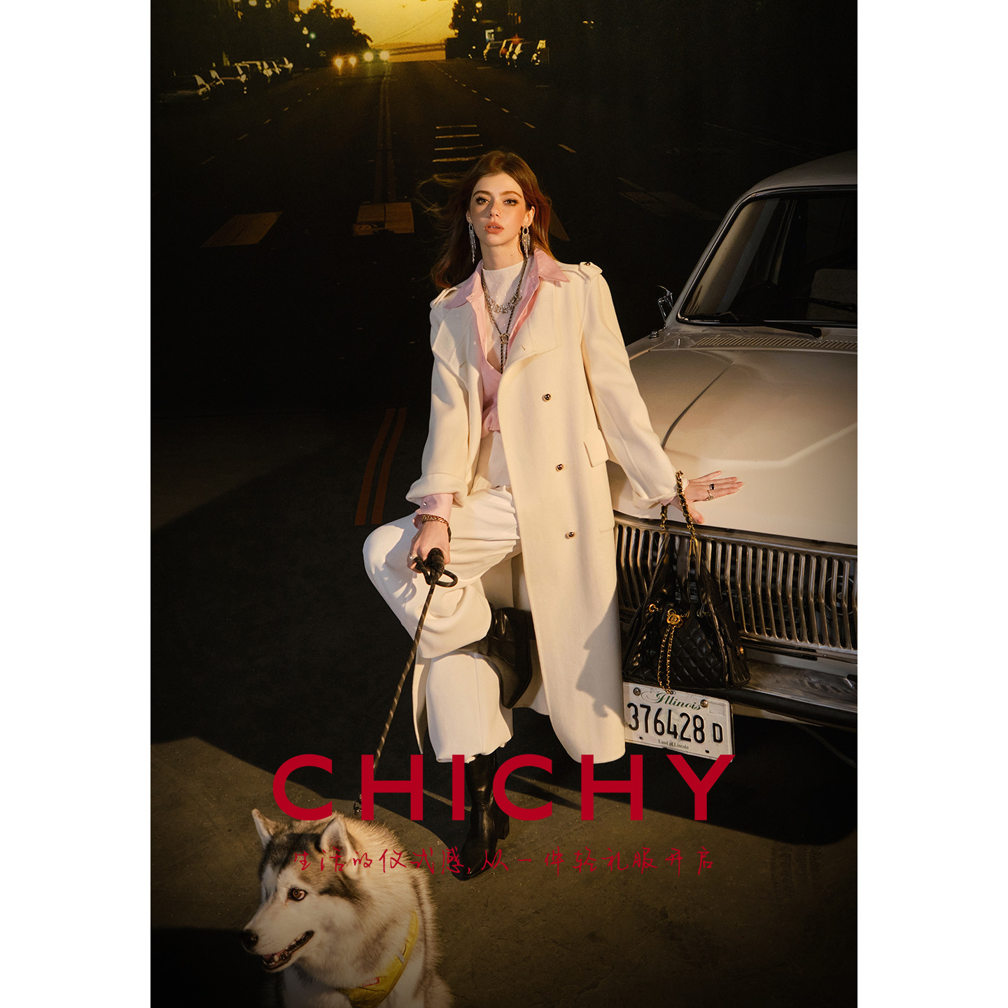 【柔软绵羊毛】CHICHY白色长款收腰双面毛呢外套大衣女秋冬季款