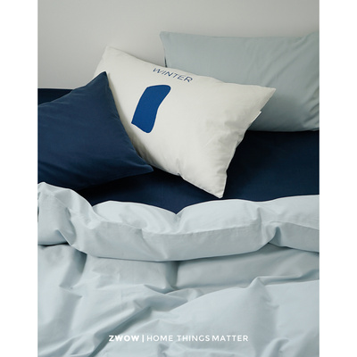 造卧zwow北欧风高支长绒棉贡缎磨毛蓝色拼色纯色100全棉四件套男