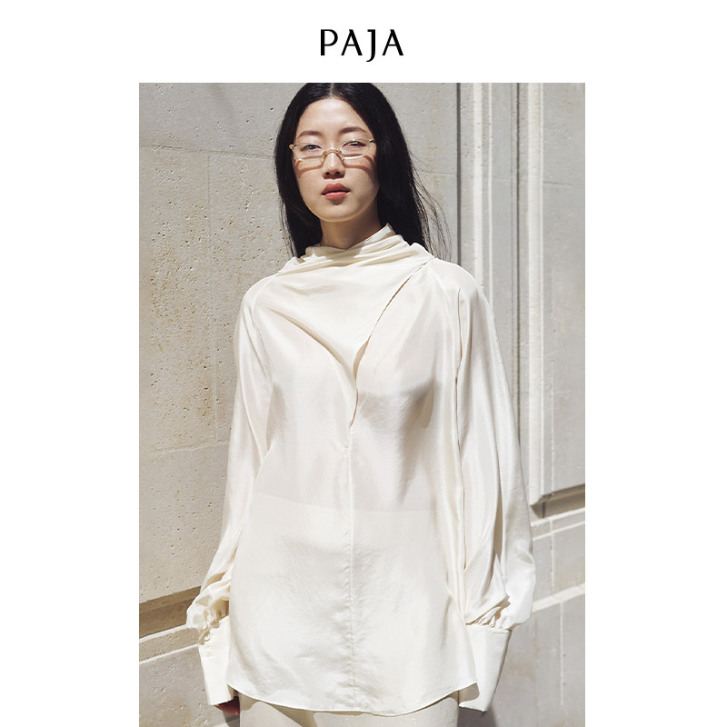 PAJA Sunset系列真丝长袖T恤女桑蚕丝后领绑带复古宽松上衣