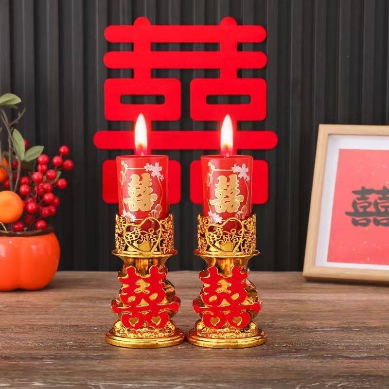 龙凤花烛防风结婚喜烛玻璃杯无烟红色蜡烛婚礼洞房烛台中式一对