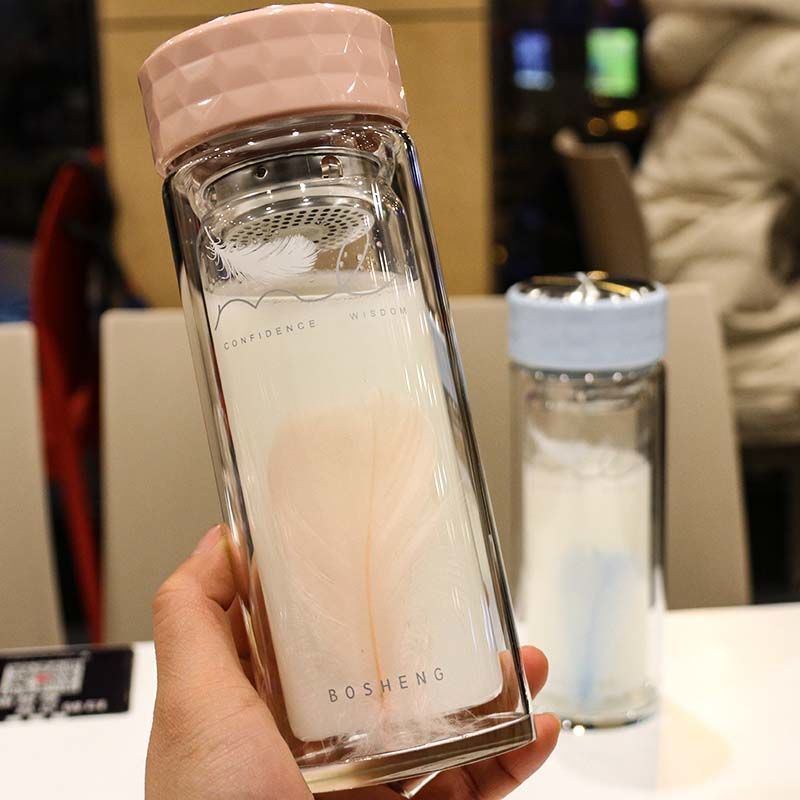 泡茶杯简约清新隔热双层玻璃杯男女学生水杯便携创意羽毛透明杯子