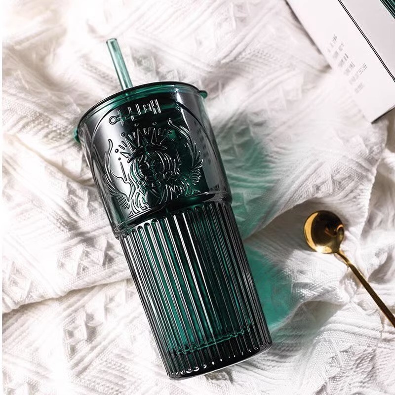 新品咖啡杯玻璃杯带吸管墨绿色女喝水杯2025大容量批高颜值风