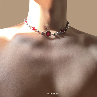 原创设计血红猫眼石锁骨链男款