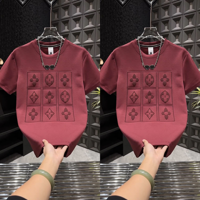 2025年秋冬新款男士时尚潮流重工艺半袖百搭休闲加厚短袖T恤男ins