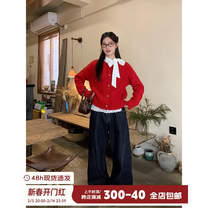 宋正恩深蓝色加绒牛仔裤女冬季新款直筒高腰阔腿裤宽松拖地长裤子