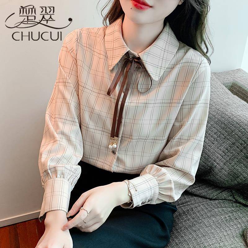 长袖格子衬衫女士秋冬上衣法式雪纺衫2024新款娃娃领时尚洋气小衫