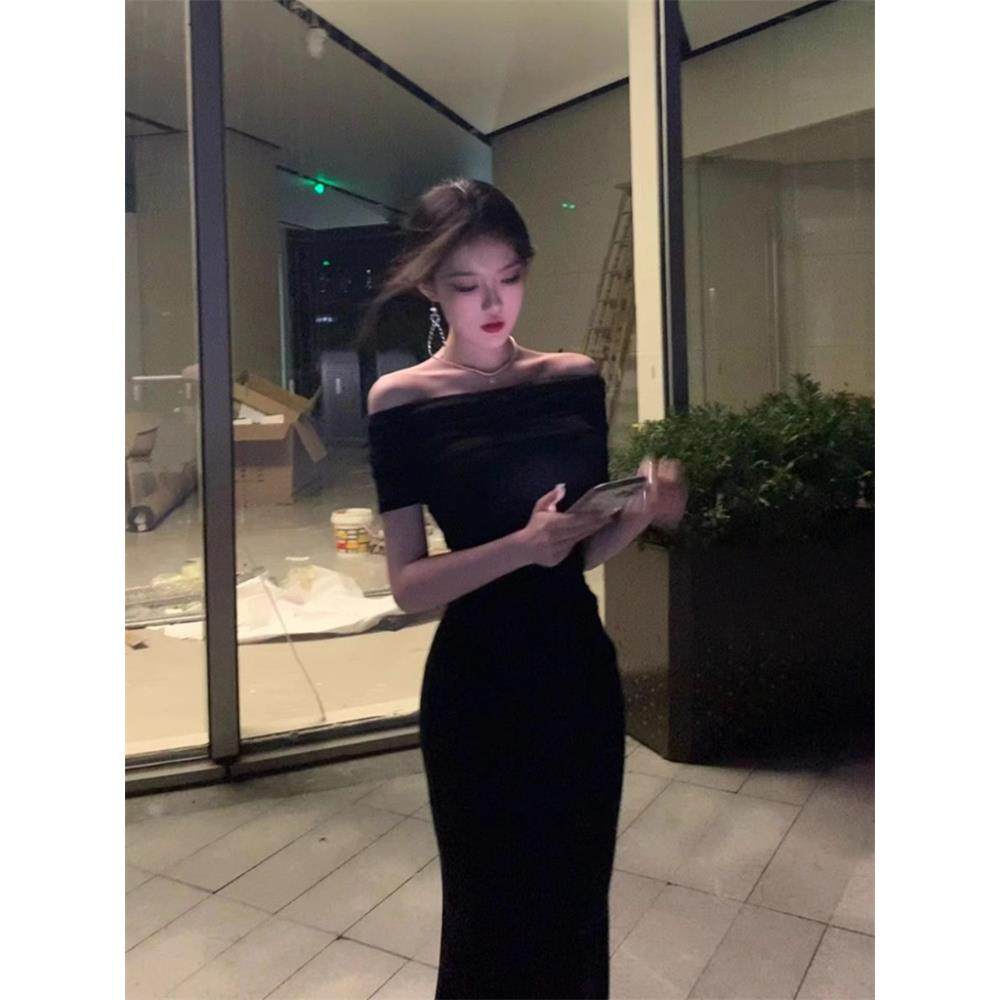 性感御姐穿搭黑色一字领连衣裙女夏季气质修身显瘦掐腰包臀长裙子