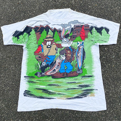 Bugs Bunny & Taz Time Busters主题满印复古做旧嘻哈重磅短袖T恤