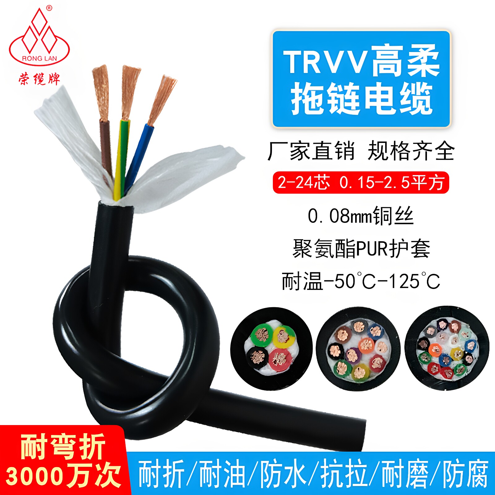 PUR高柔性拖链电源线国标铜TRVV2 4 8 12 24芯耐油机械手拖链电缆