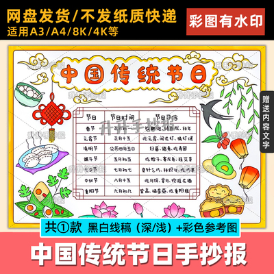 中国传统节日手抄报小学生重大节日小报习俗半成品板电子版a348k