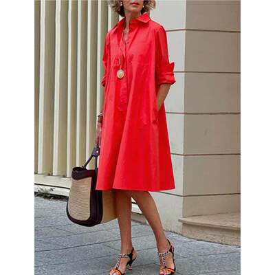 Long sleeved lapel shirt dress 简约纯色长袖翻领衬衫连衣裙