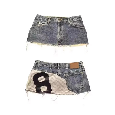 数字印花拼接牛仔短裙Digitalprinted spliced denim short skirt