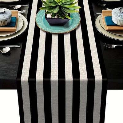 1pc Geometric Stripe Linen Table Runner, Modern Simple Black