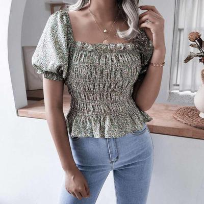 Summer Square Collar Lantern Sleeve Ruffled Floral Chiffon T