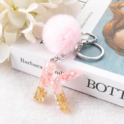 1Pc Pink Pompom Letter Keychain English Alphabet Keyring wit