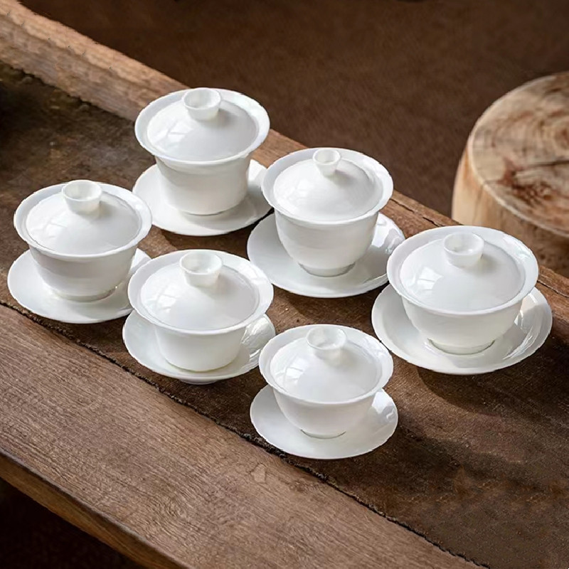 茶具纯色白瓷单个泡茶碗德化羊脂玉瓷手工陶瓷三才盖碗大号敬茶碗