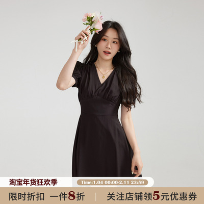 JOCOCHIC黑色法式复古V领连衣裙