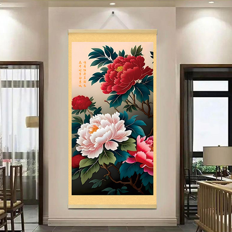 【富贵牡丹】国色天香牡丹图实木挂画客厅玄关画中式卷轴挂画装饰