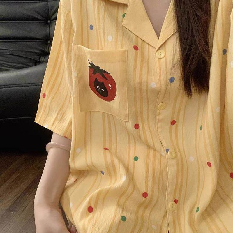 少女款条纹番茄小猫睡衣女夏季短袖短裤开衫套装少女卡通家居服