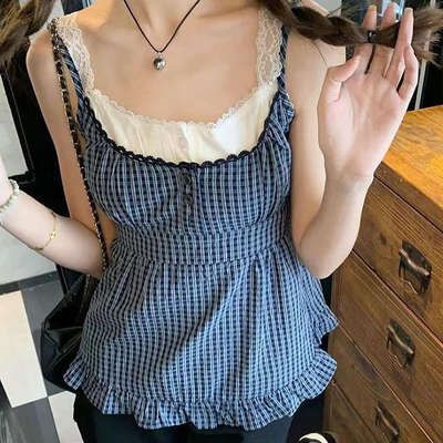 复古格纹蕾丝拼接吊带背心
