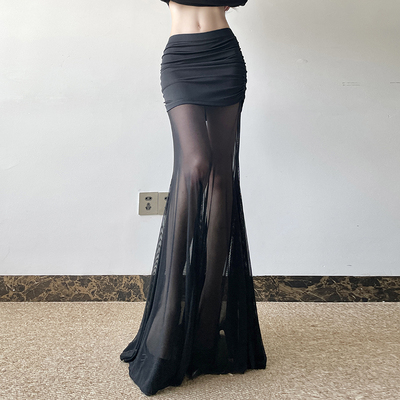 禁欲系黑色网纱拼接半身裙