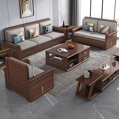 新中式胡桃木实木沙发冬夏两用型简约储物组合小户型沙发