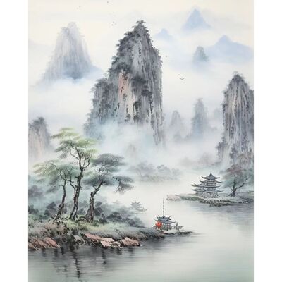 防水中式贴纸国风水墨画山下古亭山水画家居海报室内客不干胶贴纸