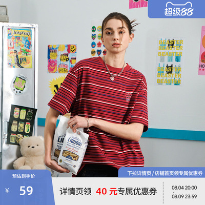 BEASTER条纹宽松柔软短袖T恤男夏季新款星星印花贴肤情侣上衣女