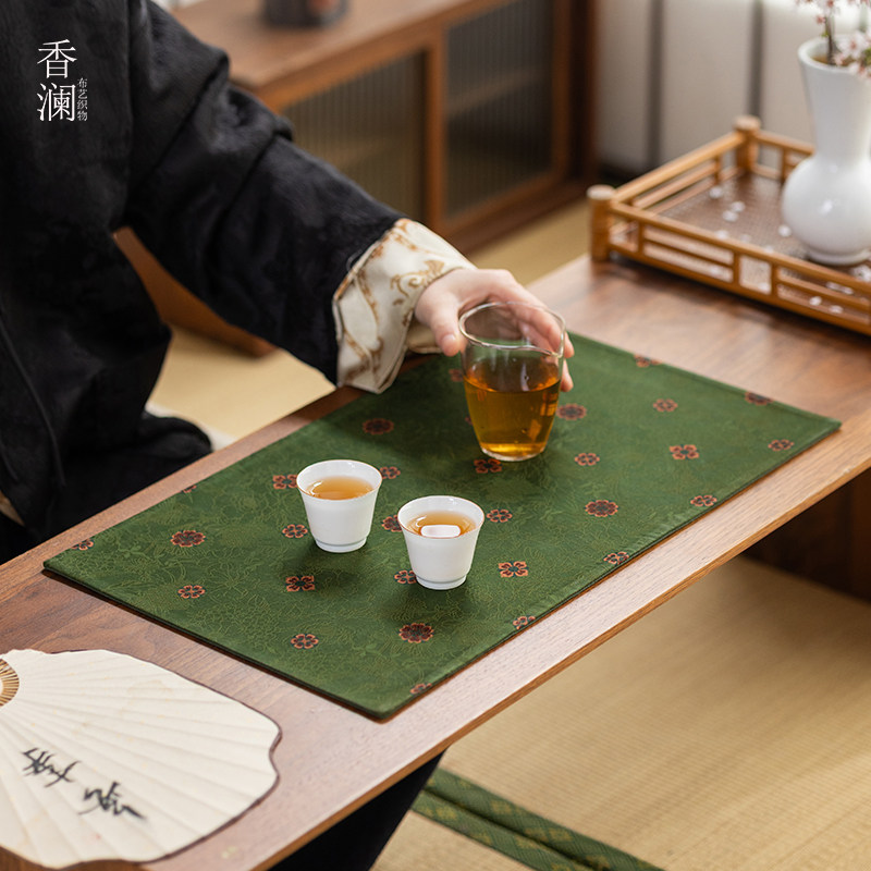 中式高档香云纱茶席绿底宝相纹团花茶桌垫茶具隔热防磕碰干泡茶垫