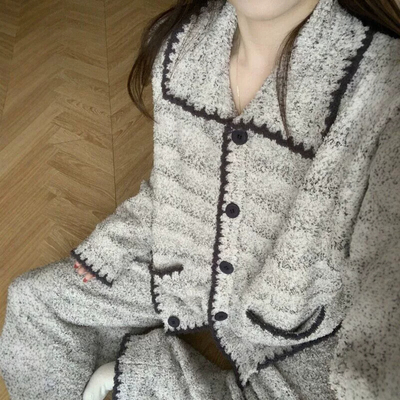 英国RMXJ撞色翻领半边绒睡衣女秋冬季新款加厚针织保暖家居服长袖