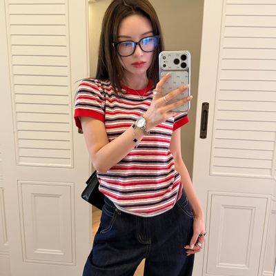 KAPOK-26年春款圆领百搭时尚短袖T袖女撞色条纹百搭短袖T恤26131