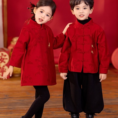 拜年服男童冬季汉服新中式宝宝儿童中国风红色套装姐弟过新年衣服