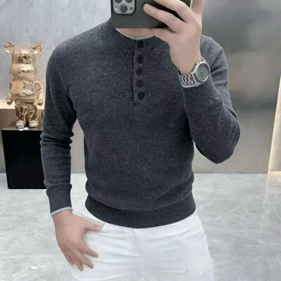 高档圆领四粒扣针织衫套头毛衣男士秋冬时尚保暖打底衫男装LO627