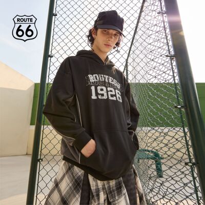 ROUTE66 美式字母印花连帽卫衣春秋拼接宽松情侣款男女同款上衣潮