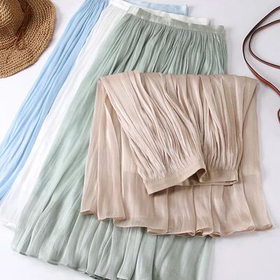 Summer Casual All-Match Long Skirts Women Solid Color High W
