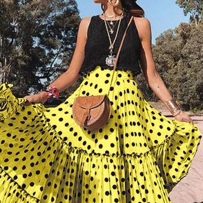 Spring Summer New High Waist Polka Dot Printed Long Skirt Be