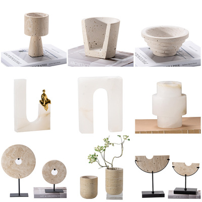 新中式云石系列装饰摆件样板间客厅洽谈桌茶室大理石花器托盘摆设